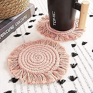 MIKEBE 2 PCS Coasters for Drinks, Boho Coasters,Macrame Coasters with Tassels,Table Decor Bohemian Braided Coasters,Coaster Set for Home,Office and Bar,Housewarming Gift-Pink, 7.4IN