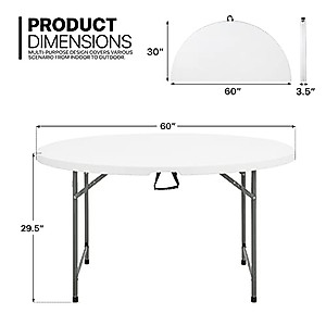 MoNiBloom 5Ft Round Folding Table, Indoor Outdoor Plastic Dining Card Table with Handle and Lock for Picnic Party Banquet Wedding, White Toptable Gray Legs