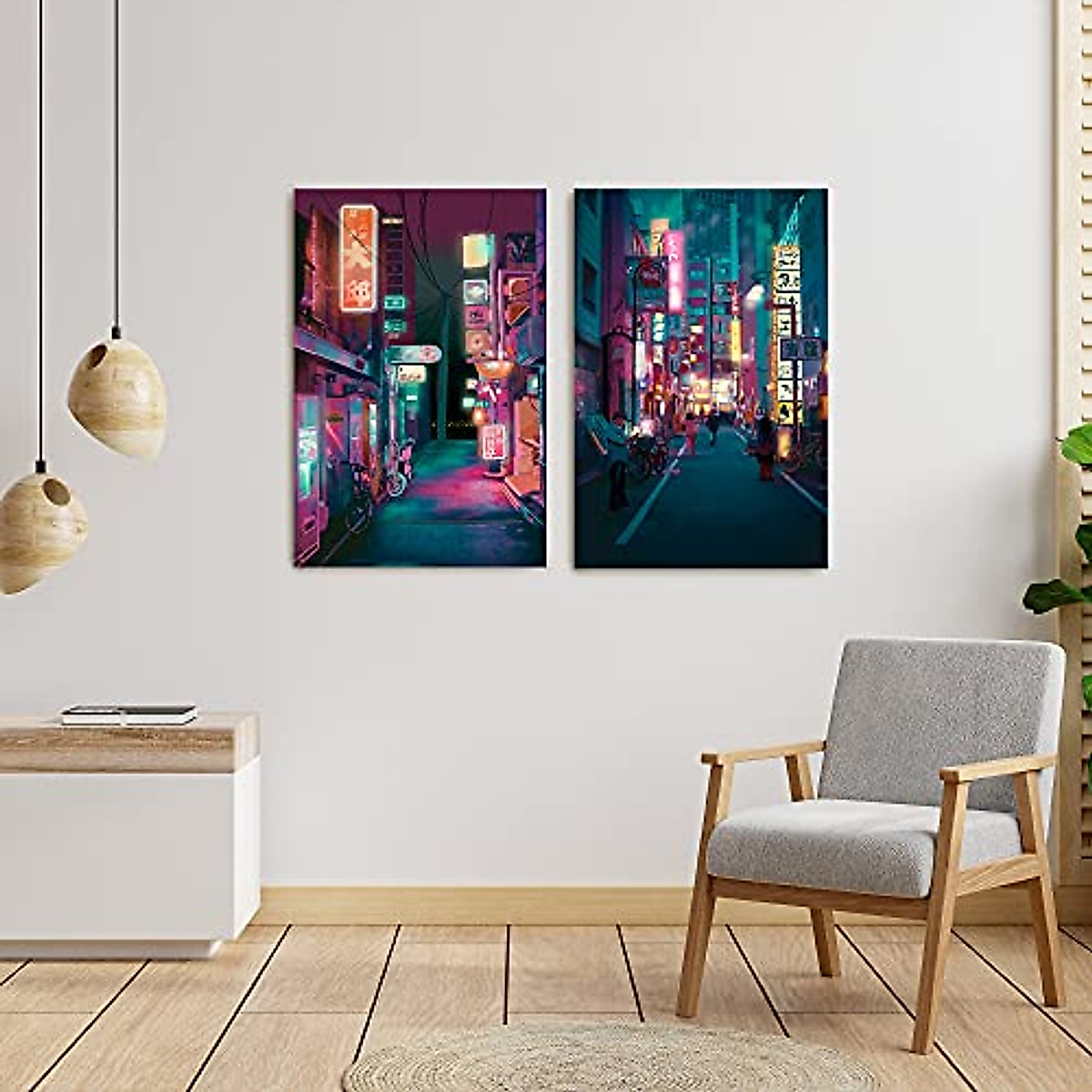 KOSHENIA Anime Poster Japanese Wall Art Set of 2 - Japan Print on Canvas Roll - Tokyo Neon Night City Scene Wall Decor Gift - Preppy Poster for Room Aesthetic UNFRAMED 11x14