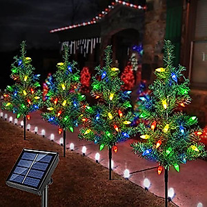 Windpnn Upgraded 4-Pack Solar Christmas Garden Stake Lights, Decorative Xmas Tree Solar Christmas Yard Stake Outdoor Waterproof Christmas Pathway Lights for Christmas Decoration Garden Patio Yard