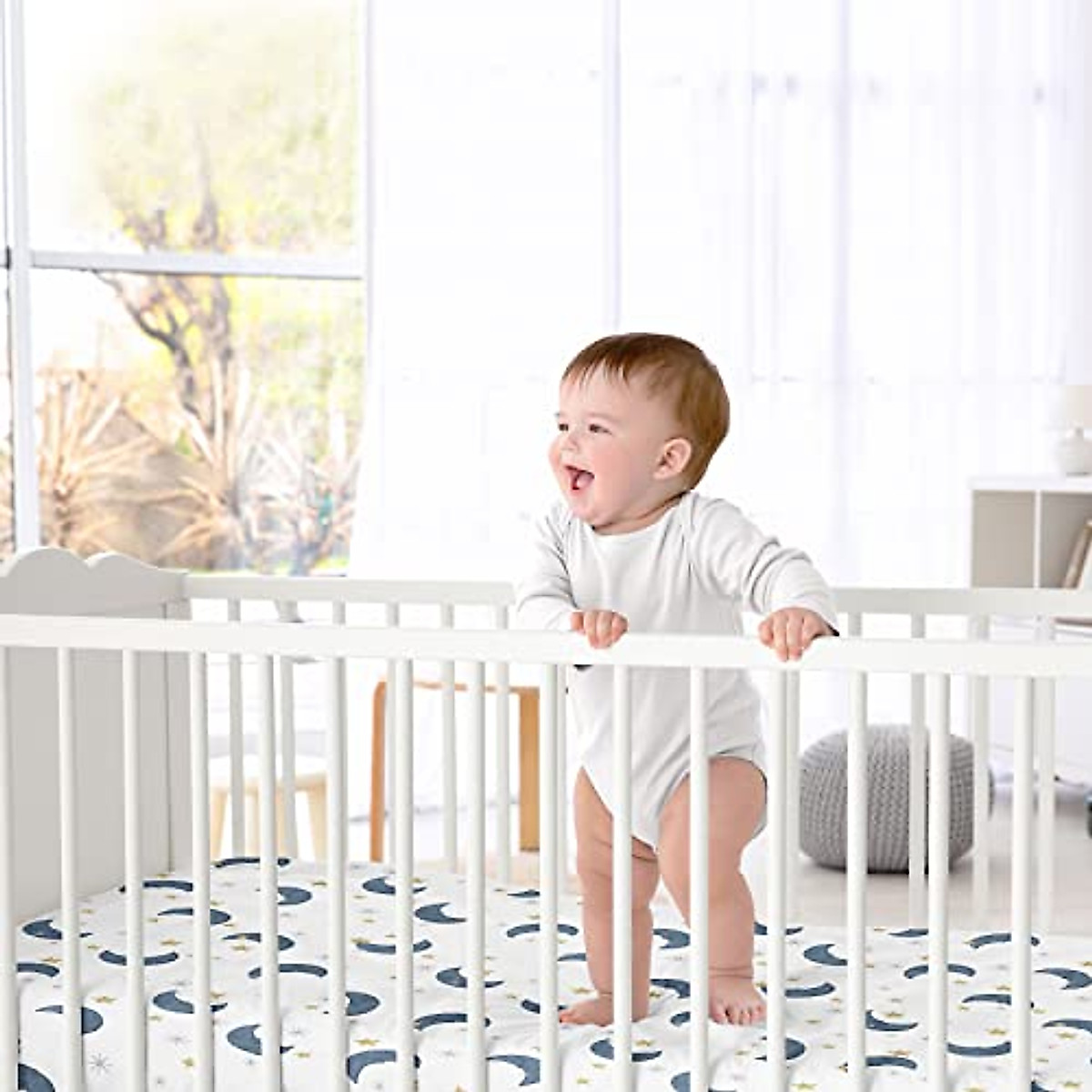 Sweet Jojo Designs Moon and Star Boy or Girl Fitted Crib Sheet Baby or Toddler Bed Nursery - Navy Blue and Gold Watercolor Celestial Sky