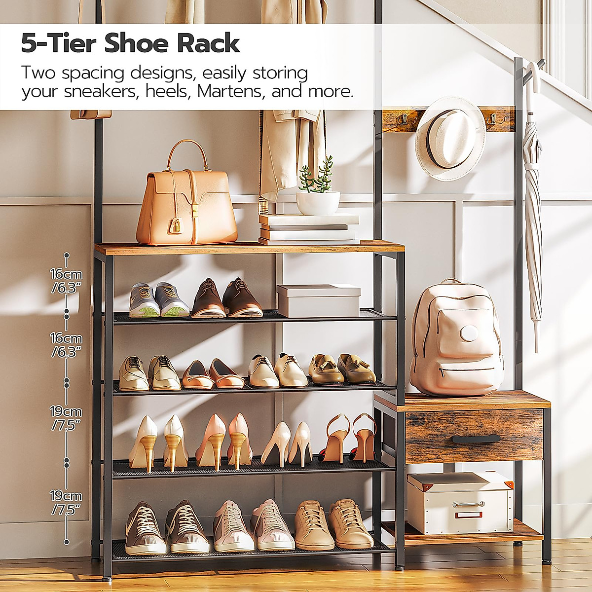 HOOBRO Hall Tree, Entryway Coat Rack Shoe Bench, Shoe and Coat Rack for Entryway, Hall Tree Coat Rack, with Non-Woven Fabric Drawer, for Entrance, Foyer, Rustic Brown and Black BF113MT01