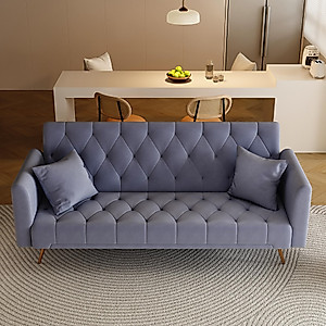 Modern Velvet Sofa Bed Futon with 2 Pillows,2-in 1 Convertible Sleeper Couch Bed,Folding Recliner Loveseat with Golden Metal Legs for Living Room Apartment Office (Dark Grey)