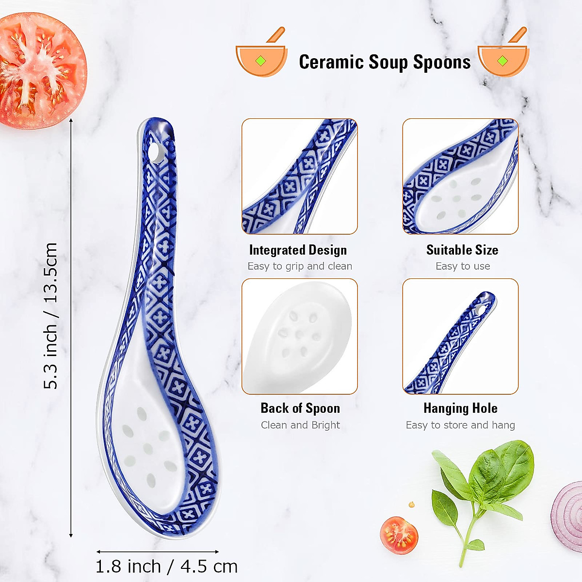 Patelai 10 Pieces Ceramic Soup Spoons Asian Soup Spoons Chinese Style Blue and White Porcelain Soup Spoons Reusable Table Spoons Dinner Spoons for Ramen Pho Wonton Dumpling