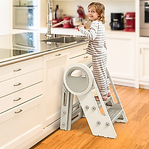 Glamore Toddler Step Stool for Bathroom Sink, Kitchen Counter Helper, Adjustable 3 Step Stool for Kids with Safety Handles and Non-Slip Foot Pads (Grey-White)