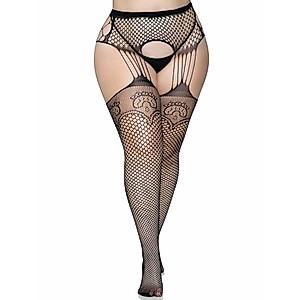 Leg Avenue Women's Lace Top Fishnet Stockings with Attached Garter Belt, Industrial Black, One Size