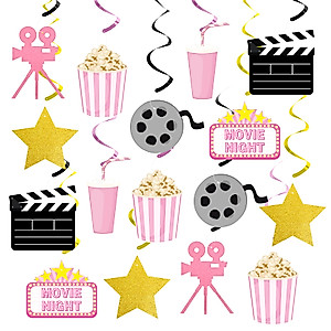 K KUMEED Movie Night Party Decorations,Pink Movie Theme Hanging Swirl Decorations,Cute Popcorn Foil Swirls Ceiling for Baby Shower Birthday Party Film Party Supplies Family Party Girls Boys