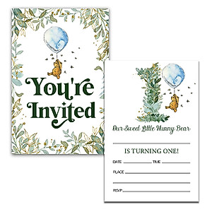 Dolimifa Greenery Winnie the Pooh 1st Birthday Invitations Fill in Style Classic Green Winnie First Birthday Invites, 20 Count With Envelopes