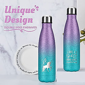 Unicorn Stainless Steel Water Bottle, Unicorn Gifts, Unicorn Party Supplies, Double Wall Vacuum Insulated Thermo Bottle Glitter Purple 17oz/500ml - Initial C