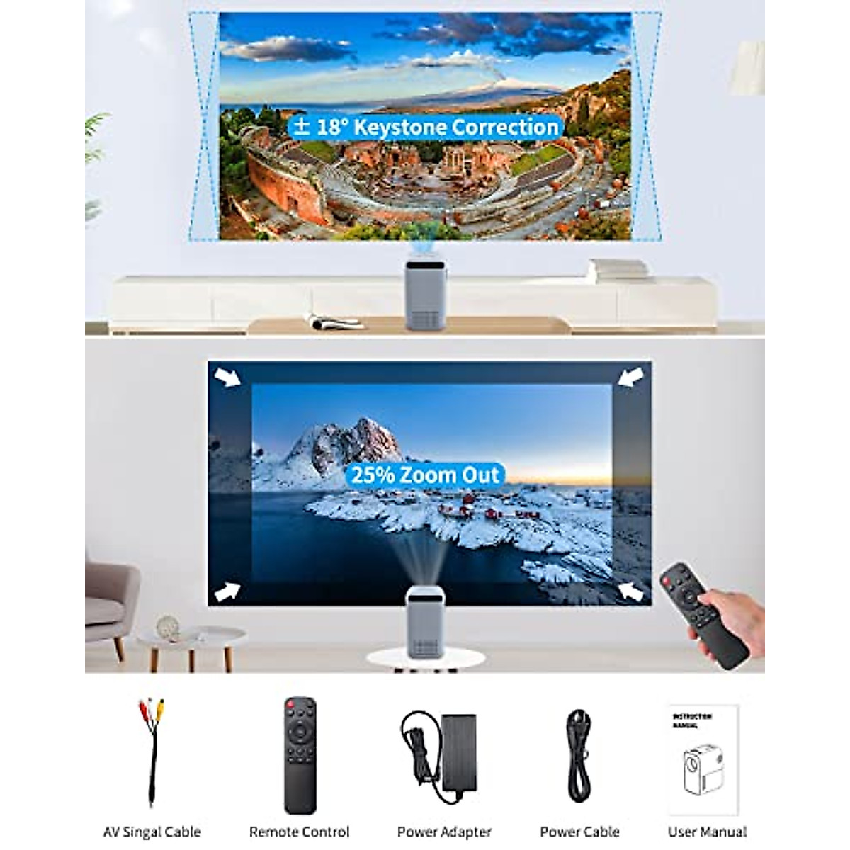 WiFi Projector Home Cinema Wireless 1080P Movie Projectors for iOS & Android, 7000 Lumens Full HD Indoor Outdoor Gaming Projector, Compatible with Airplay, Smartphone, TV Stick, HDMI, USB, PS5