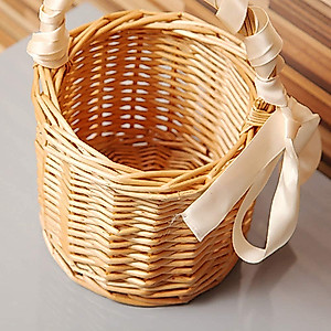 Dasing Wicker Woven Basket Wedding Flower Girl Baskets Willow Hand Woven Basket with Handle and Ribbon Bow Woven Eggs Candy Basket Flower Basket for Wedding Home Garden Decor