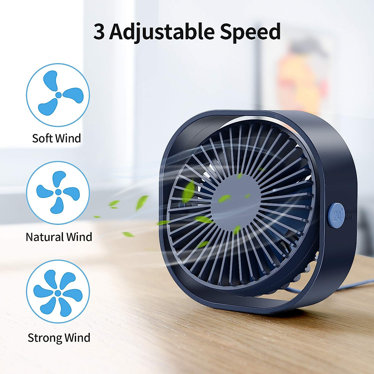 XDW Usb Fan Small Personal USB Desk Fan,3 Speeds Portable Desktop Table Cooling Fan Powered by USB,Strong Wind,Quiet Operation,for Home Office Car Outdoor Travel (Navy Blue)