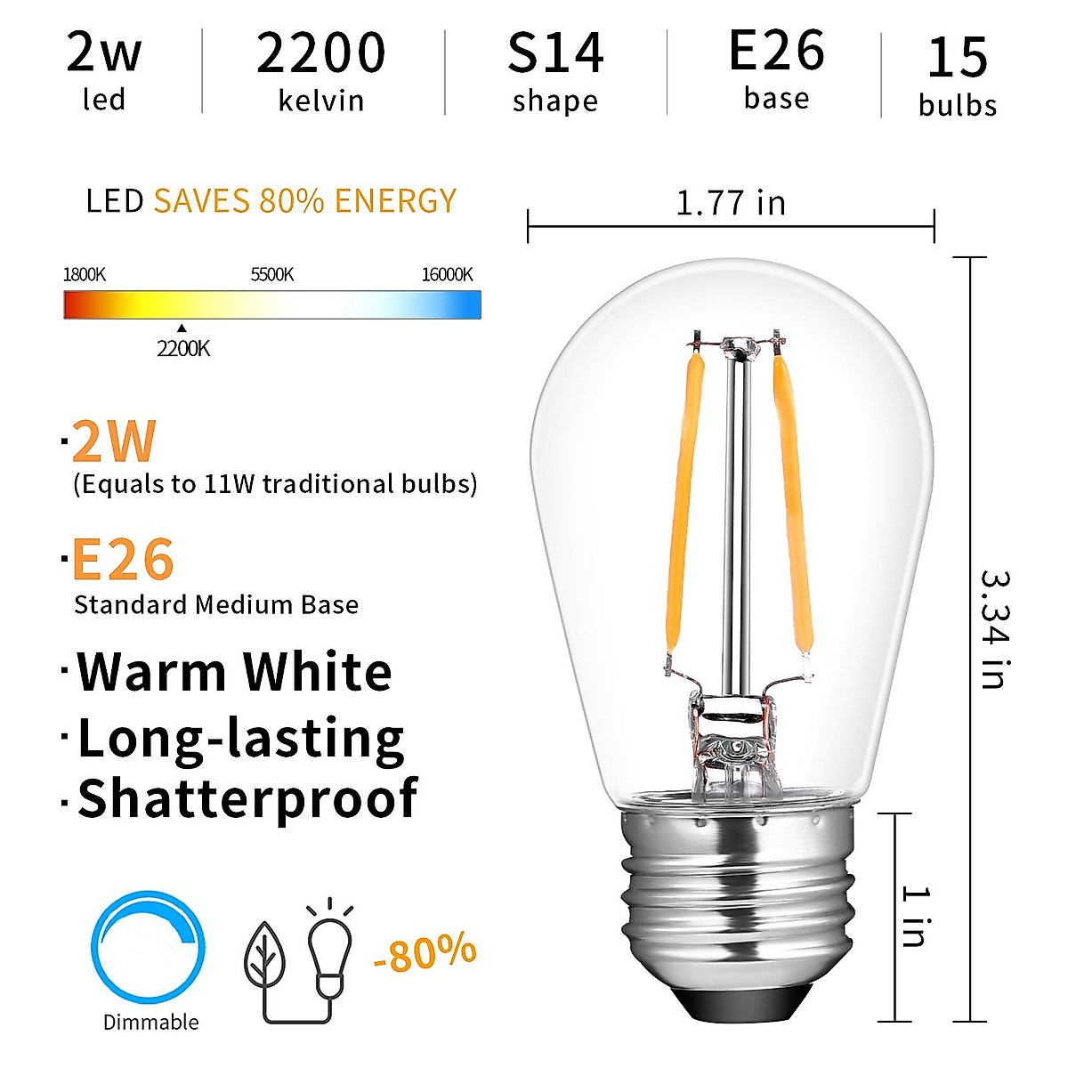 ECOVANIA Upgrade IP65 Waterproof Outdoor String Light Bulbs, 2W LED S14 Replacement Shatterproof Plastic Edison Light Bulbs, 130v E26 Medium Base, 2200K Warm White, 11 Watt Equivalent, Clear, 15 Pack