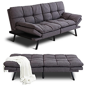 MUUEGM Futon Sofa Bed Fabric Grey Futon Convertible Couch Bed,Memory Foam Futon Sofa Sleeper,Modern Loveseat Sofa,Adjustable Lounge Couch,Full Size Futon for Apartment Office Living Room