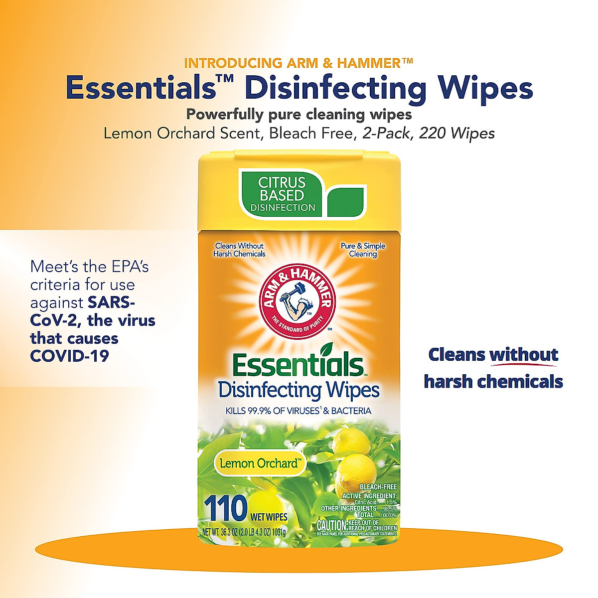 Arm & Hammer Essentials Disinfecting Wipes, Lemon Orchard 2-Pack, 110 Count, 220 Wipes, Volcano