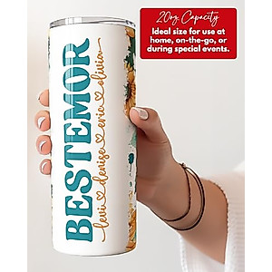 Personalized Bestemor Tumbler, 20 oz Stainless Steel Sunflower Cup with Lid & Straw, Custom Norwegian Grandma Gift with Grandkids’ Names, Floral Coffee Mug for Birthday, Mother’s Day or Christmas