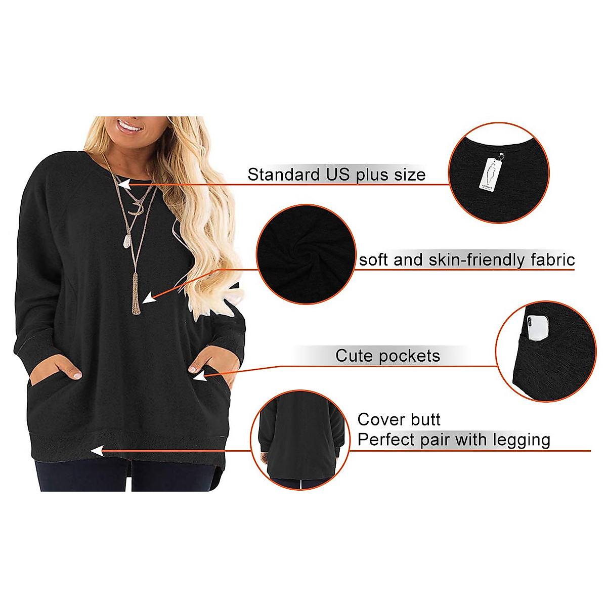 AURISSY Womens Plus Size Sweatshirts 2X Long Sleeve Tunic Tops Black-18W