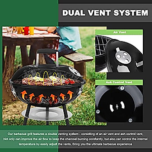 Joyfair Charcoal Grill with 2 Grilling Racks, 14in Small Portable BBQ Grill with Lid for Outdoor Camping/Patio/Backyard Barbecue/Tabletop Cooking, Enamel Coated & Dual Vent System, Black