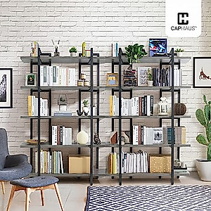 CAPHAUS 5-Tier Book Shelf, 71” H Vintage Industrial Bookcase with Open Display Shelving, Wooden and Metal Shelving Unit, Bookshelves and Bookcases, Stand Shelf for Bedroom, Home Office, Dark Grey