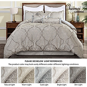 Chezmoi Collection Noelle 7-Piece Cal King Bedding Set Silver Gray Brown Floral Medallion Jacquard Comforter Set, California King Size