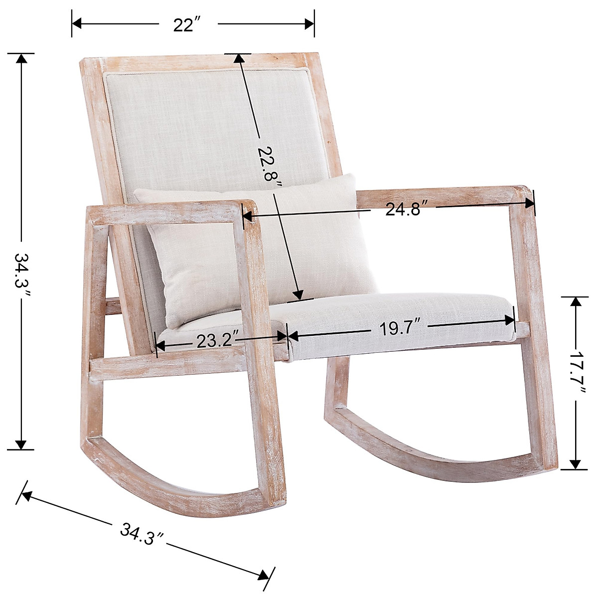 Ufyerutg Modern Accent Rocking Chair, Solid Wood Linen Fabric Antique White Wash Painting Rocking Chair with Removable Lumbar Pillow, Living Room Leisure Chair Arm Chair, Easy Assembly, Beige