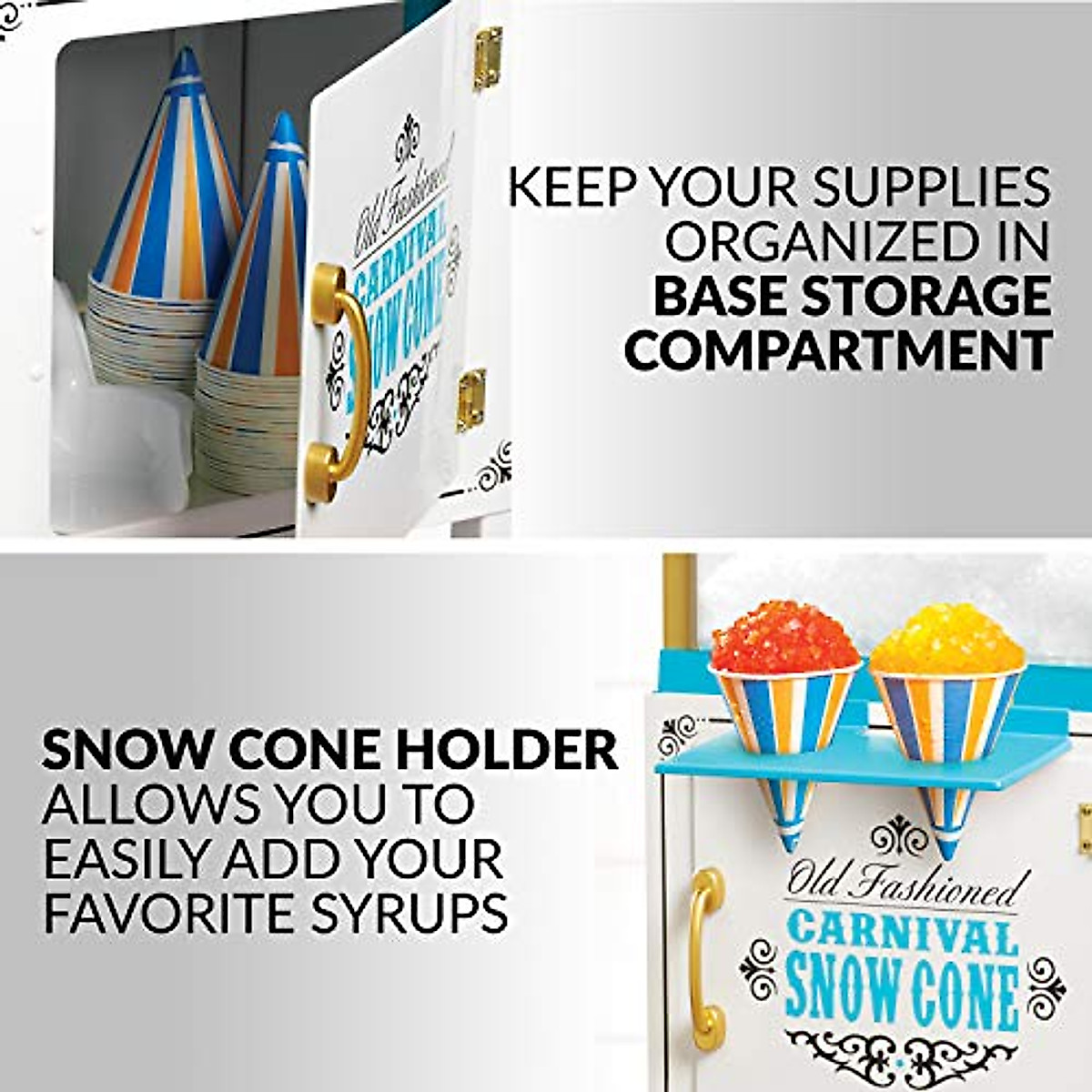 Nostalgia Snow Cone Shaved Ice Machine - Retro Cart Slushie Machine Makes 48 Icy Treats - Includes Metal Scoop, Storage Compartment, Wheels for Easy Mobility - White, Blue