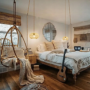 Plug in Pendant Light Rattan Hanging Lights with Plug in Cord, 15 FT Hemp Rope Cord Pendant Lamp Bamboo Lampshade, Farmhouse Industrial Boho Plug In Ceiling Light Fixture For Living Room Bedroom