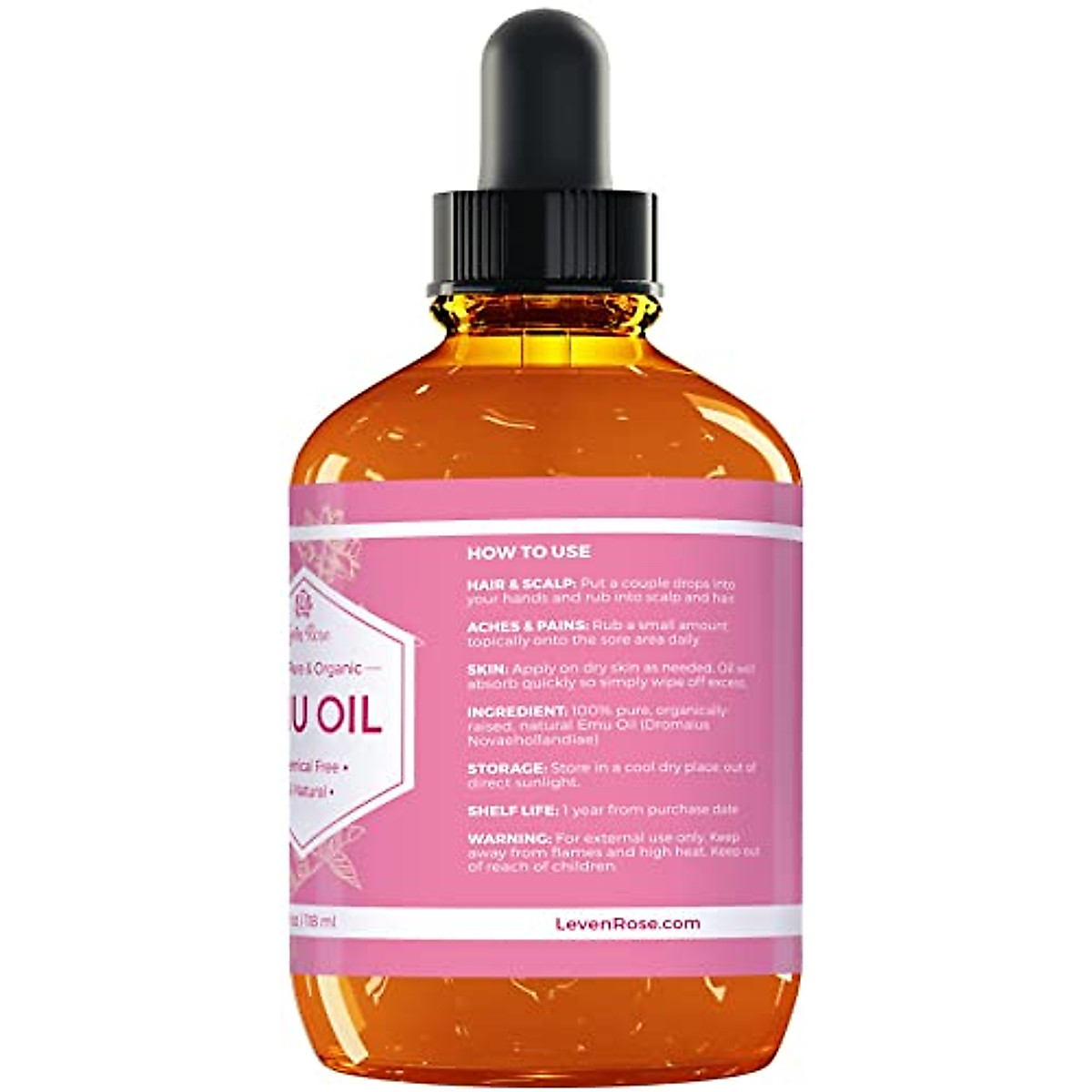 Leven Rose Emu Oil, 100% Pure Natural Hair Strengthener Anti Aging Skin Moisturizer 4 oz