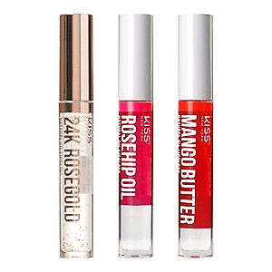 Kiss New York 3 PACK Lip Oil Gloss, Hydrating Non-Sticky Lip Oil, 100% Natural Oil Clear Lip Gloss, Lightweight Lip Moisturizer (Rosegold & Rosehip & Mango Butter)