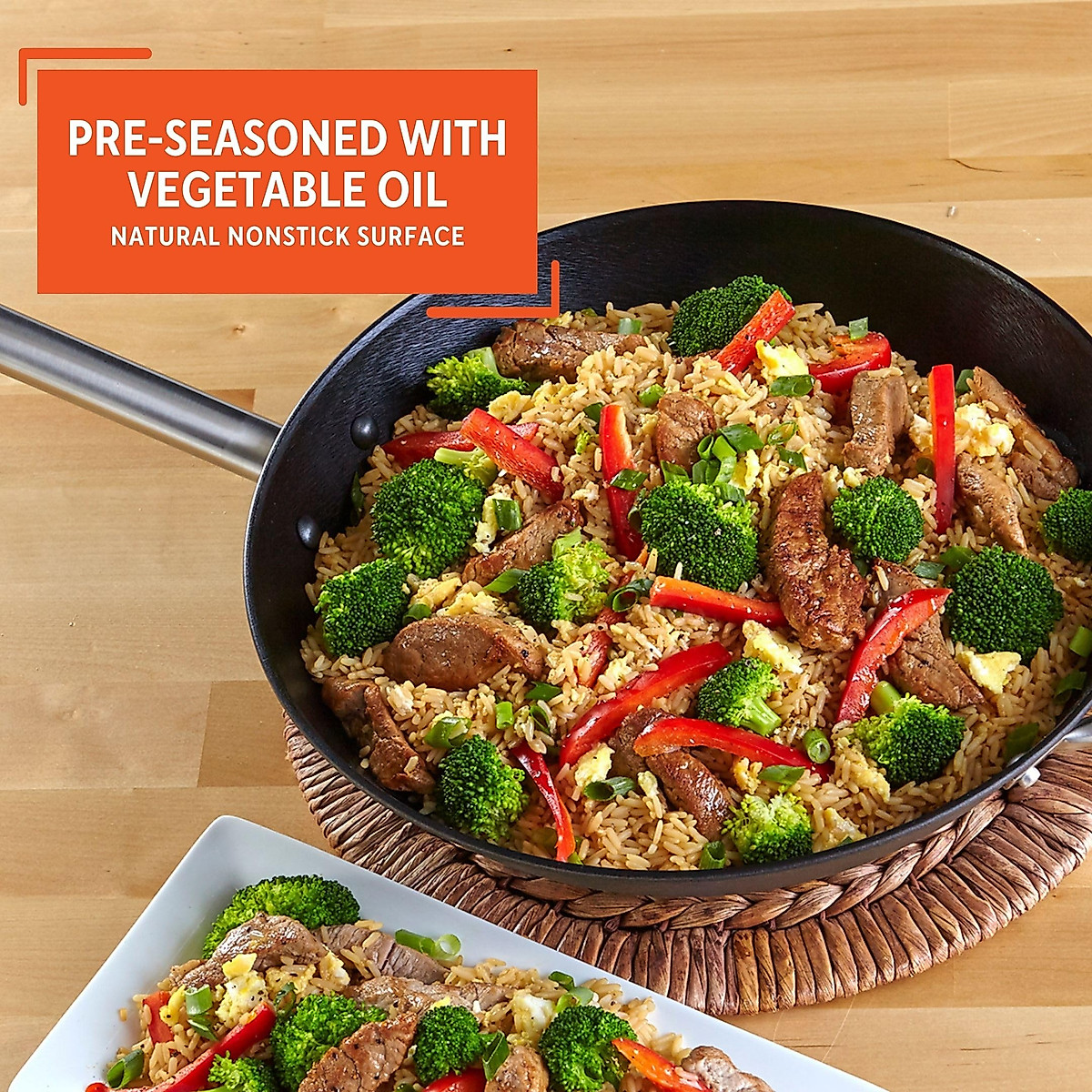 Imusa LCI-19008 Light Cast Iron Wok Pre-Seasoned Non-Stick with Stainless Steel Handles, 14", Black