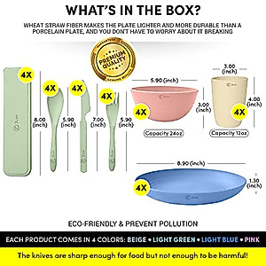28pcs Wheat Straw Dinnerware Sets of 4. Premium Quality Plates, Bowls, Cups & Cutlery w/Case. Microwave & Dishwasher Safe! Great Indoor & Outdoor Kitchen Set. Plates and Bowls Set for Kids & Elderly