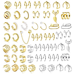 Dochais 52 Pcs Helix Cartilage Clip on Wrap Fake Earrings Ear Cuffs for Women Men Non Piercing Ear Clip (Gold/Silver)