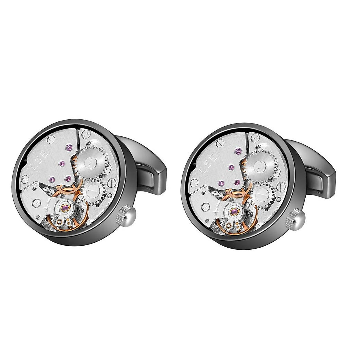 MERIT OCEAN Movement Cufflinks Steampunk Watch Mens Shirt Vintage Watch Cuff Links Business Wedding Gifts (Silver in The Middle)