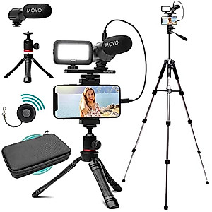 Movo iVlogger Vlogging Kit for iPhone with Fullsize Tripod - Lightning Compatible Vlog Kit- Accessories: Tripods, Phone Mount, LED Light and Shotgun Mic for YouTube Starter Kit