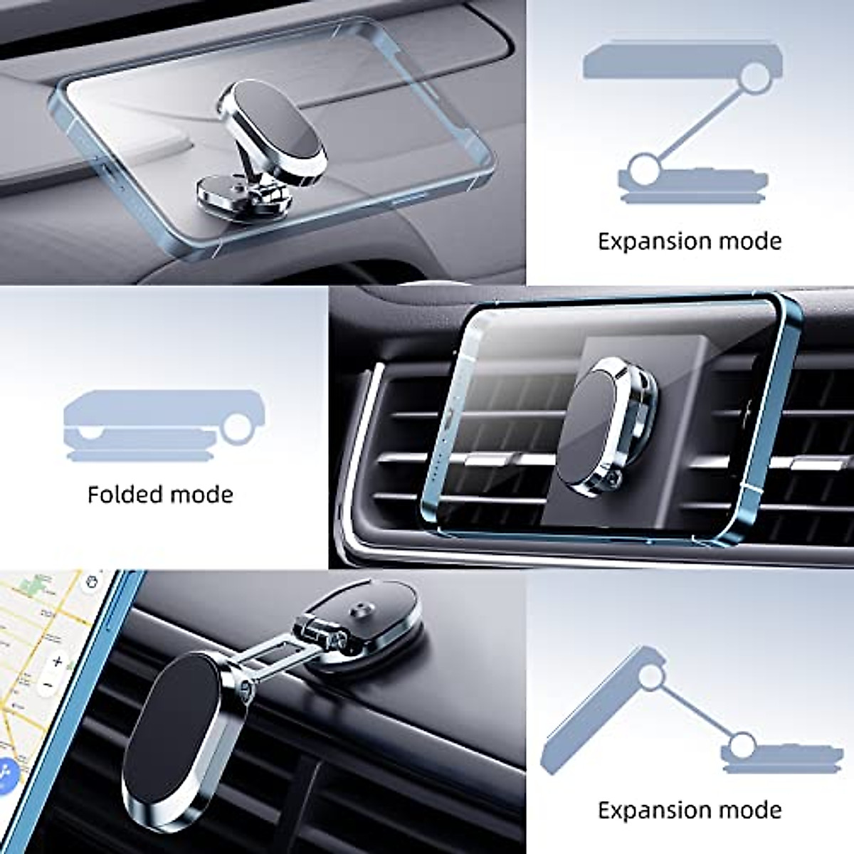Magnetic Phone Holder for Car【Upgrade Foldable】Magnetic Phone Mount Multi-Functional 360°Rotation phone magnet for car Dashboard Phone Holder Magnetic Car Mount for iPhone, Samsung, LG All Smartphones