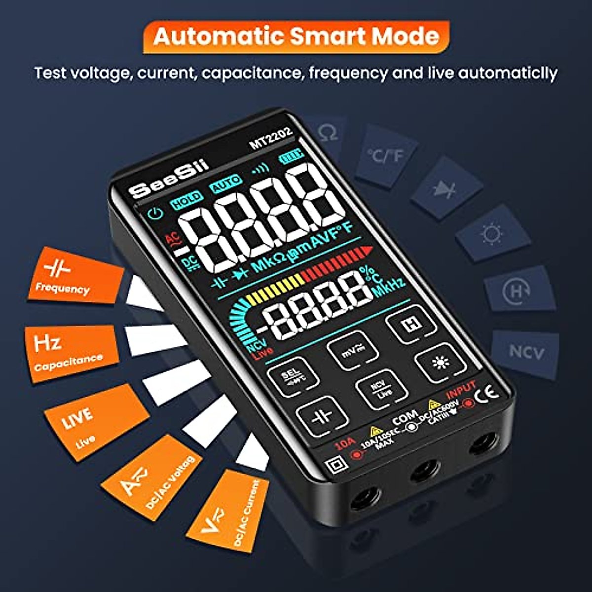 Touchscreen Digital Multimeter, Seesii 10000 Counts TRMS Auto-Ranging Voltmeter, Fast Accurately Measures AC/DC Amp Ohm Voltage Resistance Continuity Capacitance Temperature with Backlight Flashlight