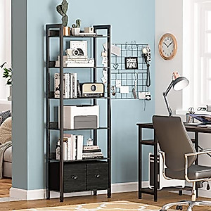 Furologee 6-Tier Bookshelf, Tall Bookcase with 2 Drawers Storage Organizer, Industrial Display Free Standing Shelf Units, Wood and Metal Storage Rack for Home Office, Bedroom, Black Oak