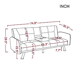 OYN Modern Futon Sofa Loveseat Convertible Sleeper Couch Bed Futonbed for Living Room Apartment Small Space Furniture Sets with 2 Cup Holders,Metal Legs, Removable Soft Square Armrest,Dark Gray
