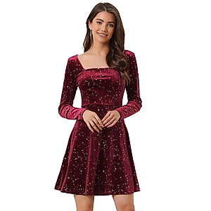 Allegra K Women's Christmas Stars Square Neck Vintage Velvet Mini Dress Medium Red
