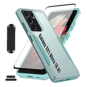 LMDAMZ for Galaxy S21 Ultra 6.8 Inch Double Layer Hybrid Military Grade Rugged Shock Resistant Drop Case with 1 PCS Magnetic Car Mount and 1 PCS HD Tempered Glass Screen Protector (Green)