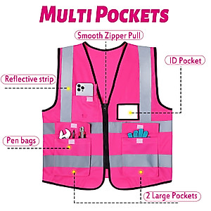 EBOOT 10 Pcs Safety Vests High Visibility Safety Vest with Reflective Strips, Neon Vest Construction Vest with Pockets (Pink)