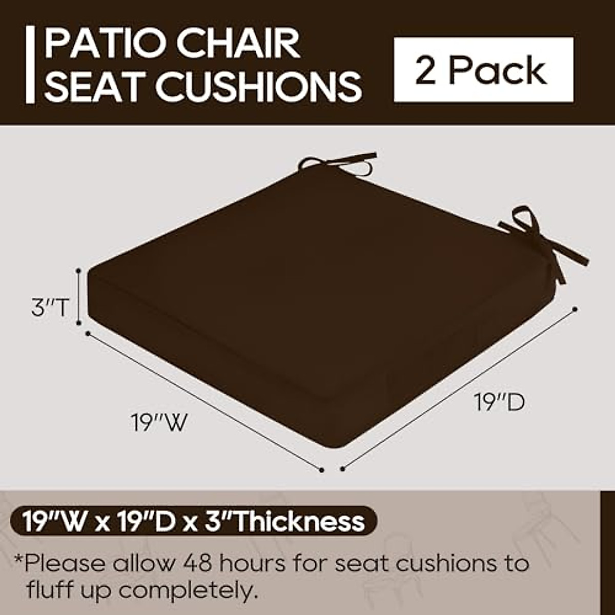 LOVTEX 19x19 Outdoor Chair Cushions Set of 2, Waterproof Patio Cushions for Outdoor Furniture with Removable Cover, Thick Outdoor Seat Cushions for Chairs with Straps and Portable Handle(Brown)