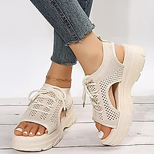 Mzluyin Casual Sandals Thick Bottom Muffin Shoes Breathable Mesh Hollow Out Sandals Lace Up Slingback Open Toe Wedges Comfortable Beach Shoes Sandals, 7.5, Beige
