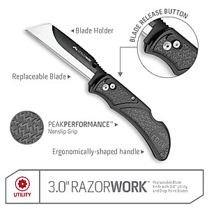 Outdoor Edge 3.0" RAZOR-WORK - RazorSafe Replaceable Blade Folding Utility Knife with Pocket Clip, 3X Cutting Edge, Shaving Sharp (Gray, 3 Blades)