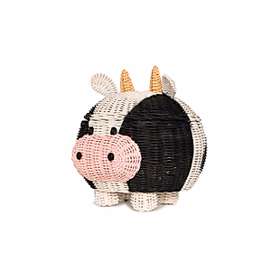 G6 COLLECTION Cow Rattan Storage Basket With Lid Decorative Bin Home Decor Hand Woven Shelf Organizer Cute Handmade Handcrafted Nursery Gift Animal Decoration Artwork Wicker Cow
