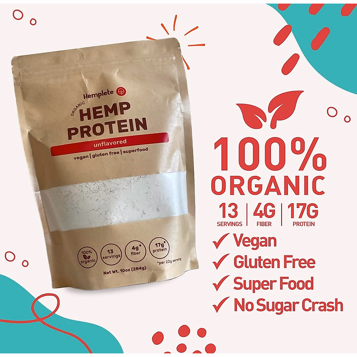 hemplete Organic Hemp Heart Unflavored Vegan Protein Powder, Plant-Based for Balanced Nutrition, All-Natural, 1 Ingredient, No Artificial Ingredients, Easy to Digest & Mix (10oz)