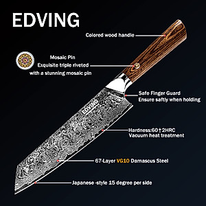 EDVING Chef Knife 8 Inch Damascus Japan VG-10 Super Stainless Steel Professional High Carbon Super Sharp Kitchen Cooking Knife, Ergonomic Color Wooden Handle Luxury Gift Box (8" Chef's Knife, Wood)