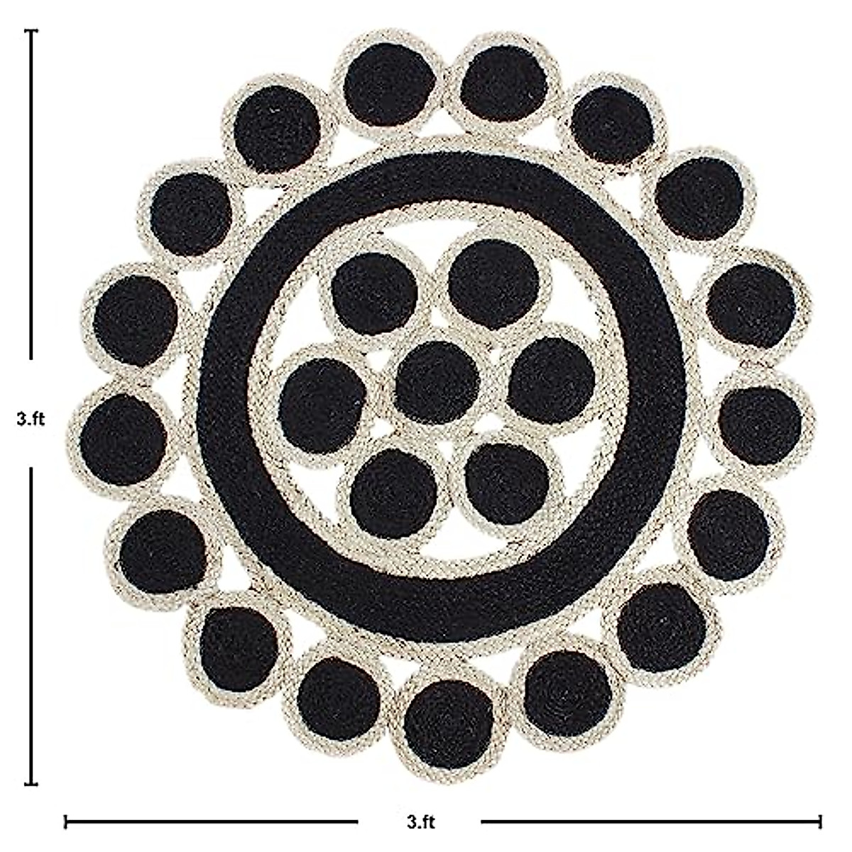 CASAVANI Cape Code Circle Area Rug - 6 x 6 Feet Beige Black Pattern Natural Jute Mat Ideal for High Traffic Area in Bedroom Bedside Round Dining Side Round Living Room Hallway and Kitchen Mat