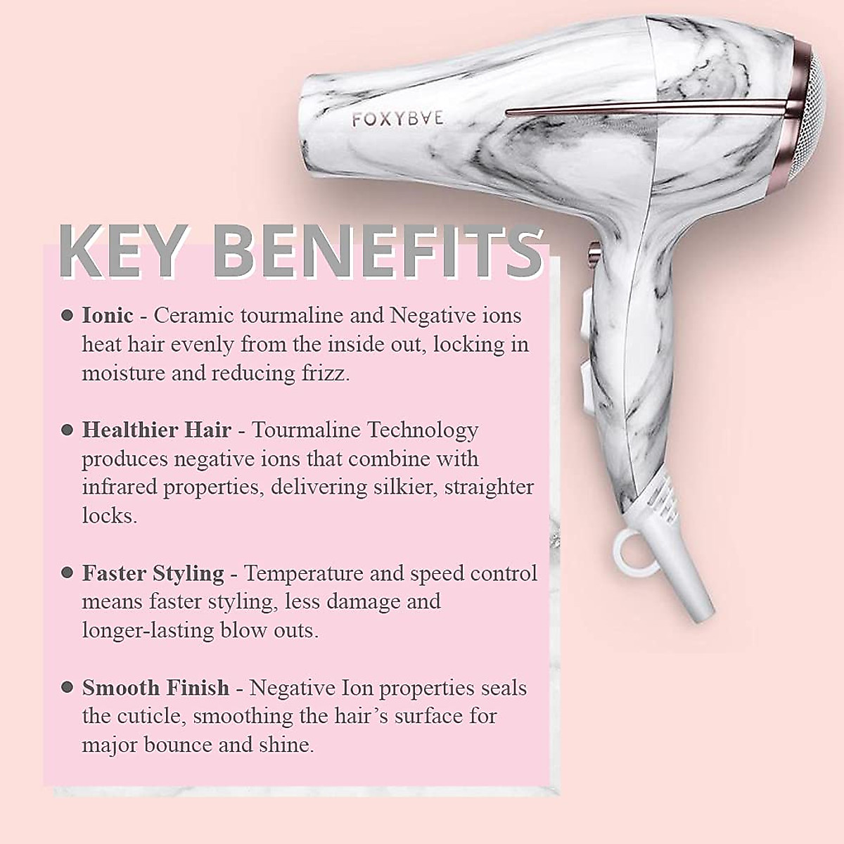 Foxybae Professional Hair Dryer | Powerful Ceramic Tourmaline Blow Dryer | Salon-Grade Hairdryer Motor | Hair Styling Tools for Straight & Curly Hair, 2 Heat Settings | White Marble Rose Gold
