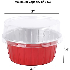 DEAYOU 100 Pack Aluminum Foil Ramekins with Lids, 5oz Muffin Cupcake Baking Liners Cups, 3" Round Disposable Recyclable Tart Pie Tin Pan Holder for Pudding, Party, Wedding, Oven Freezer Safe, Red